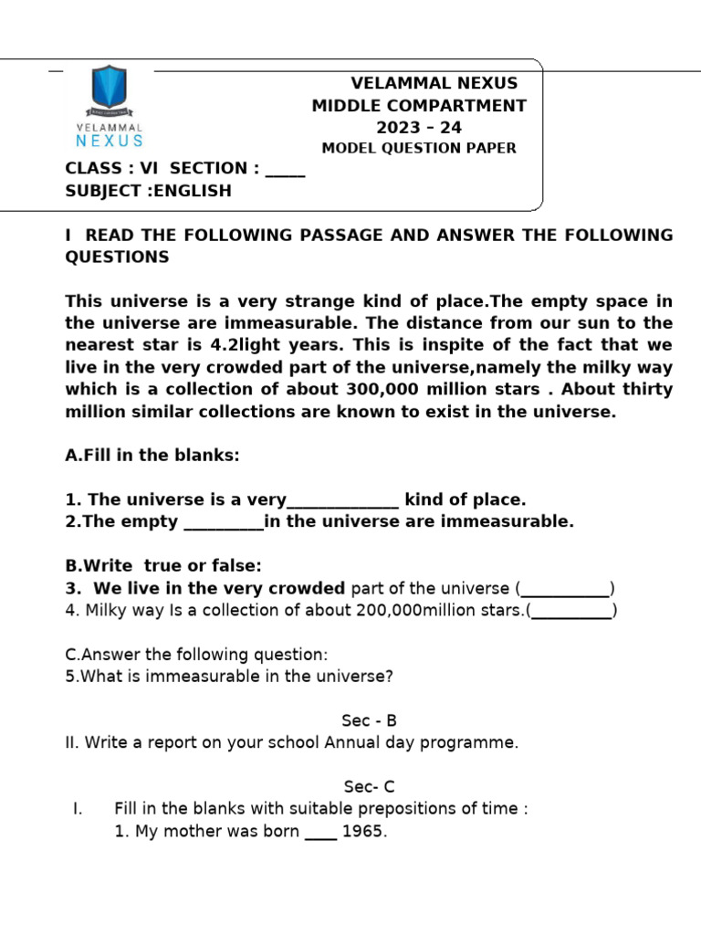 Class 6 English Model Paper - 08112023 - 145503 | PDF