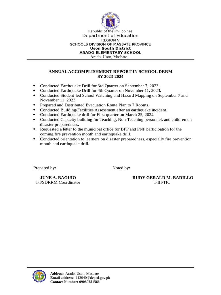 Accomplishment Report in DRRM DCS | PDF