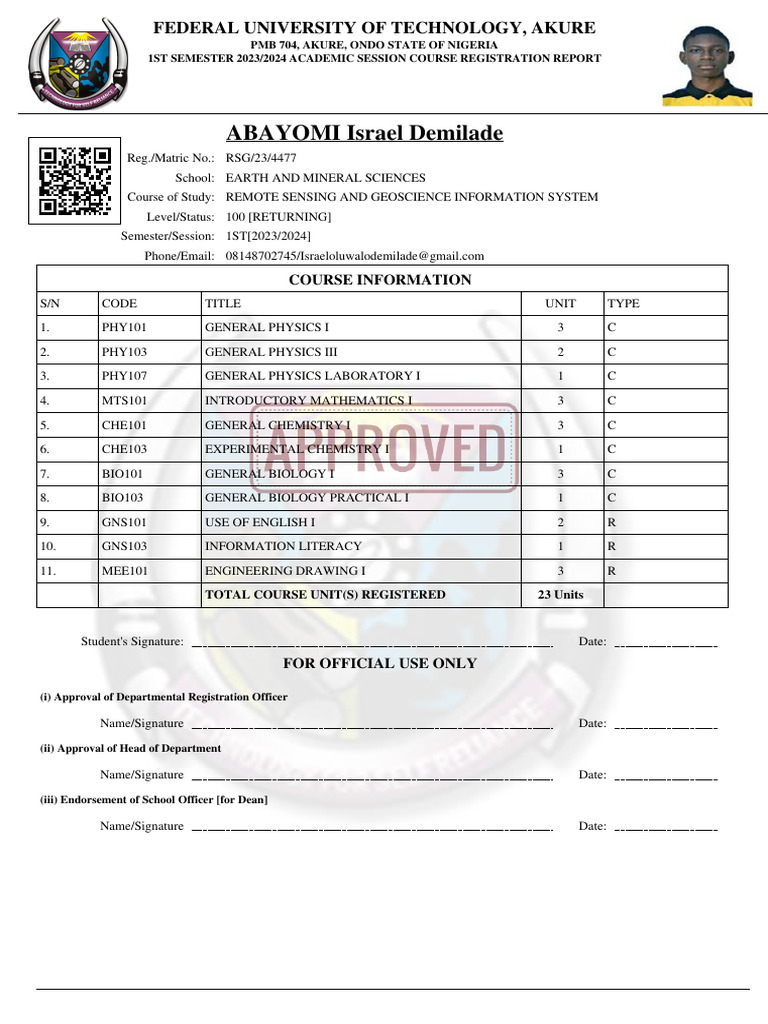 ABAYOMI Israel Demilade Course Registration | PDF