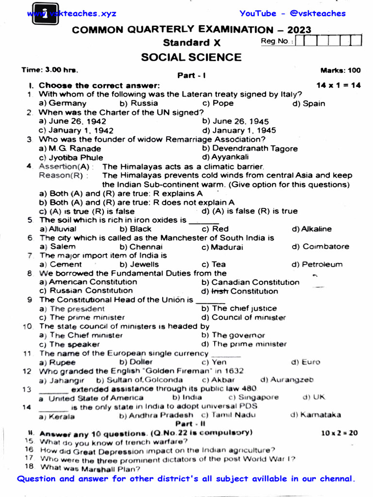 10th Social EM Quarterly Exam 2023 Original Question Paper Sivaganga ...