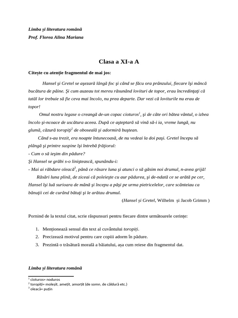 Limba Romana Cls XI-XII A, Model de Subiect | PDF