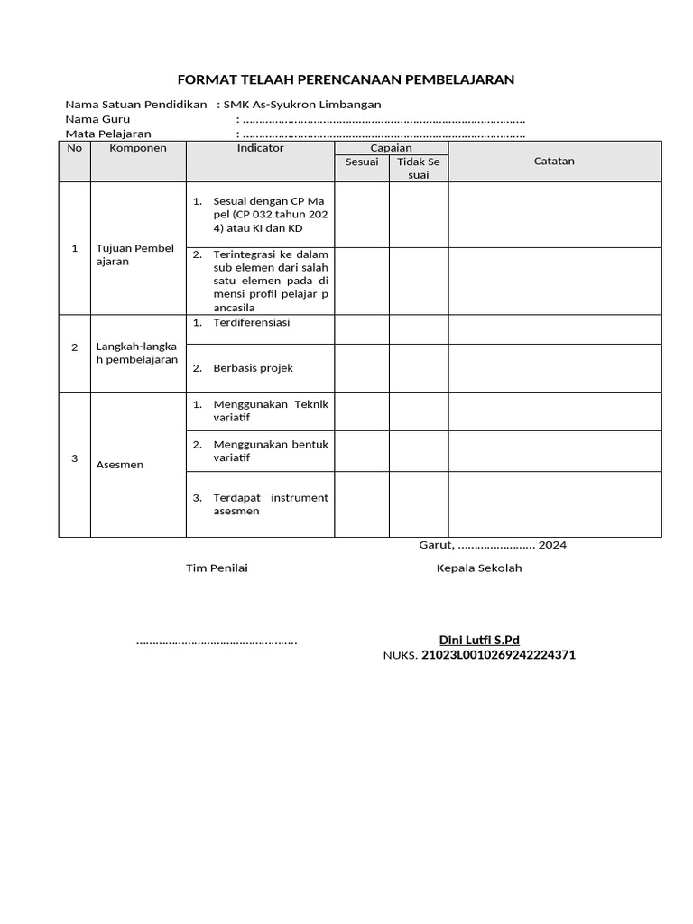 FORMAT TELAAH PERENCANAAN PEMBELAJARAN | PDF
