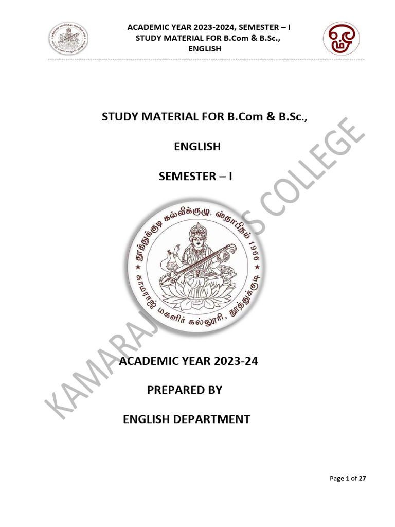 B.Com & B.Sc. English Study Material 2023-24 | PDF | Noun | Pronoun