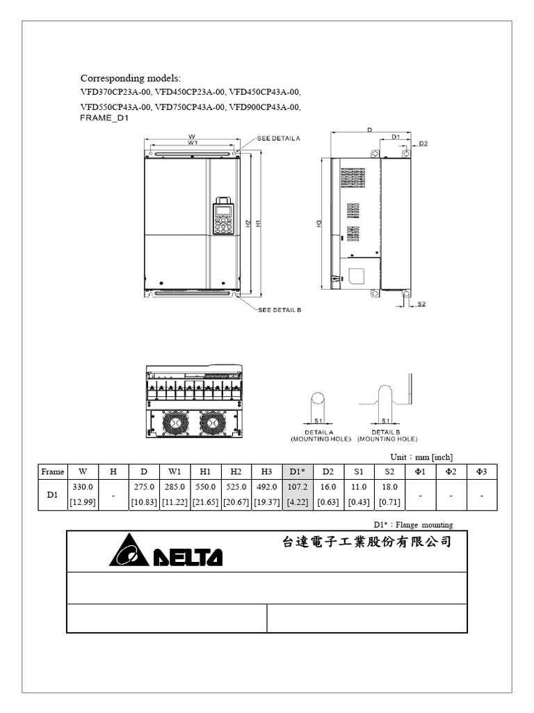 VFD-CP2000 - Dimensions For Frame D1 | PDF