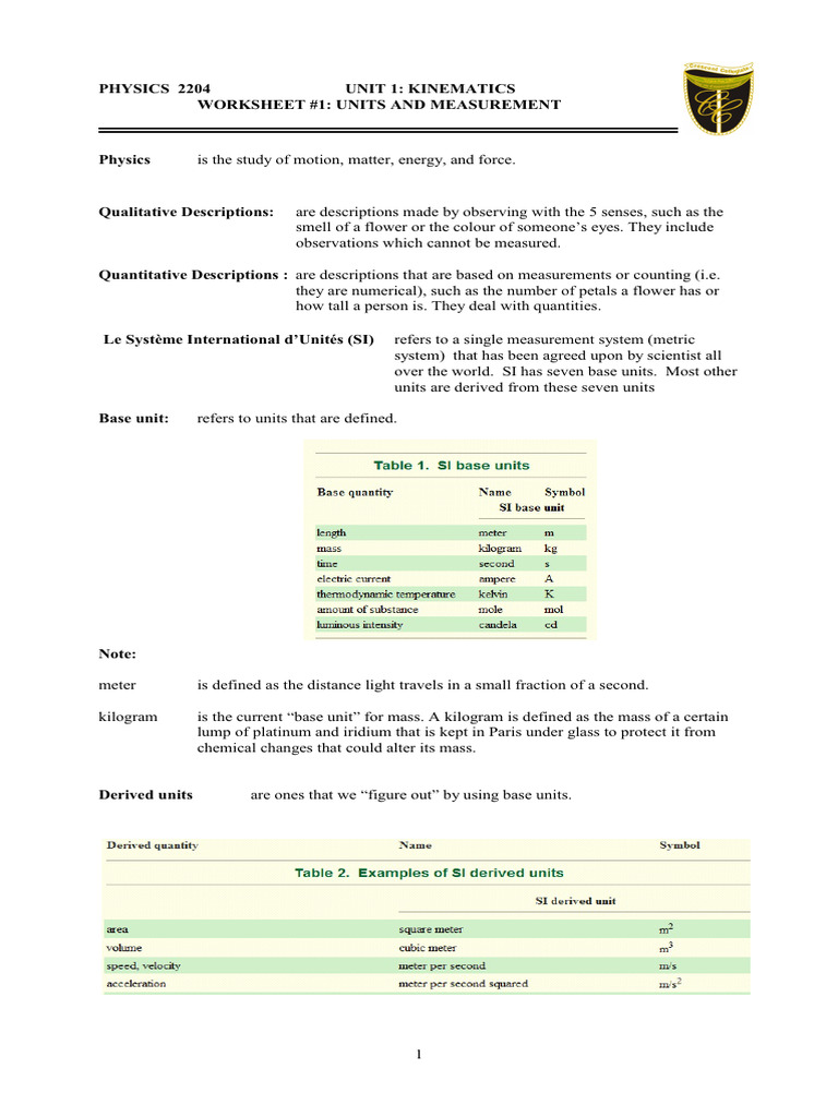 Physics 2204 Kinematics Worksheet 1 Units Units and Measurement 2016 - 2017 | PDF