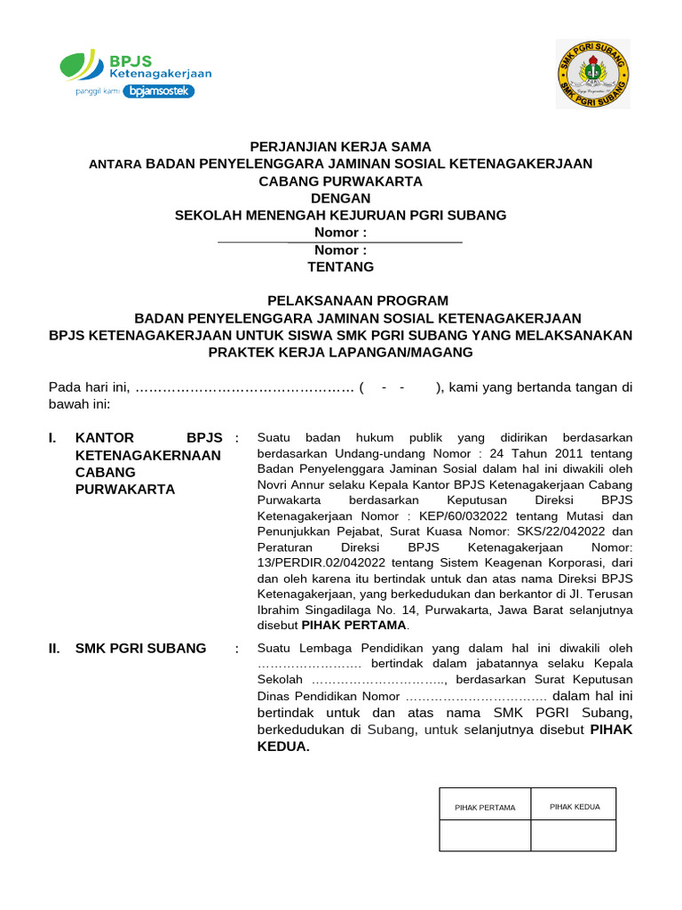 MOU BPJS KETENAGAKERJAAN DENGAN SMK PGRI SUBANG SISWA PKL MAGANG-1 | PDF