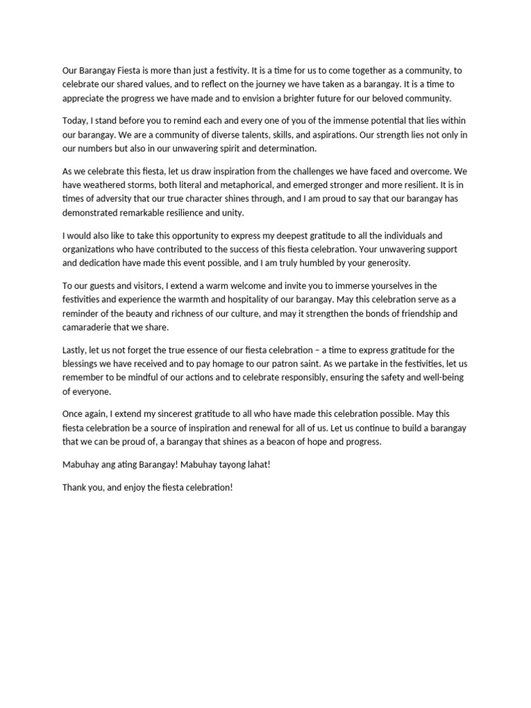 Sample Fiesta Speech of Punong Barangay | PDF