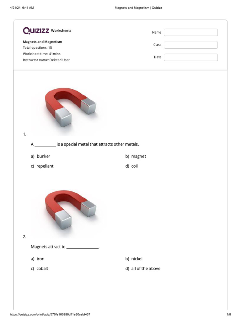 Magnets and Magnetism _ Worksheet 1 | PDF