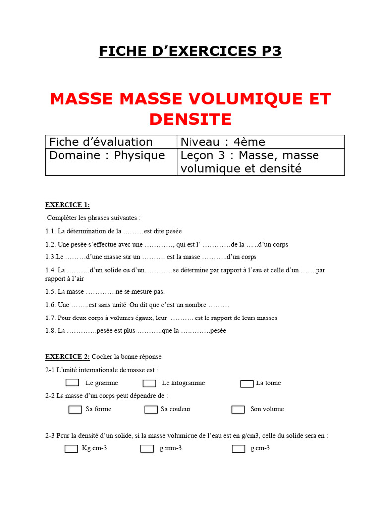 Fiche D'exercices Sur Masse, Masse Volumique Et Densité | PDF