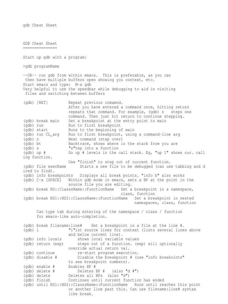 GDB Cheat Sheet | PDF | Computer Engineering | Software Development GDB Cheat Sheet | PDF | Computer Engineering | Software Development