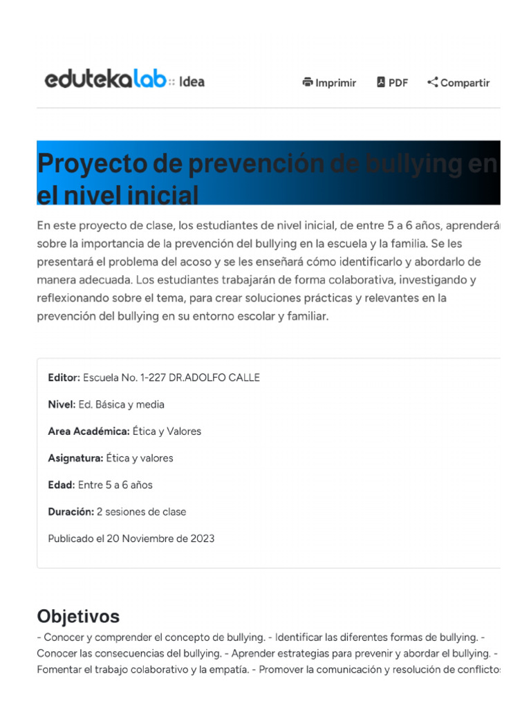 Proyecto De Prevención De Bullying En El Nivel Inicial | PDF