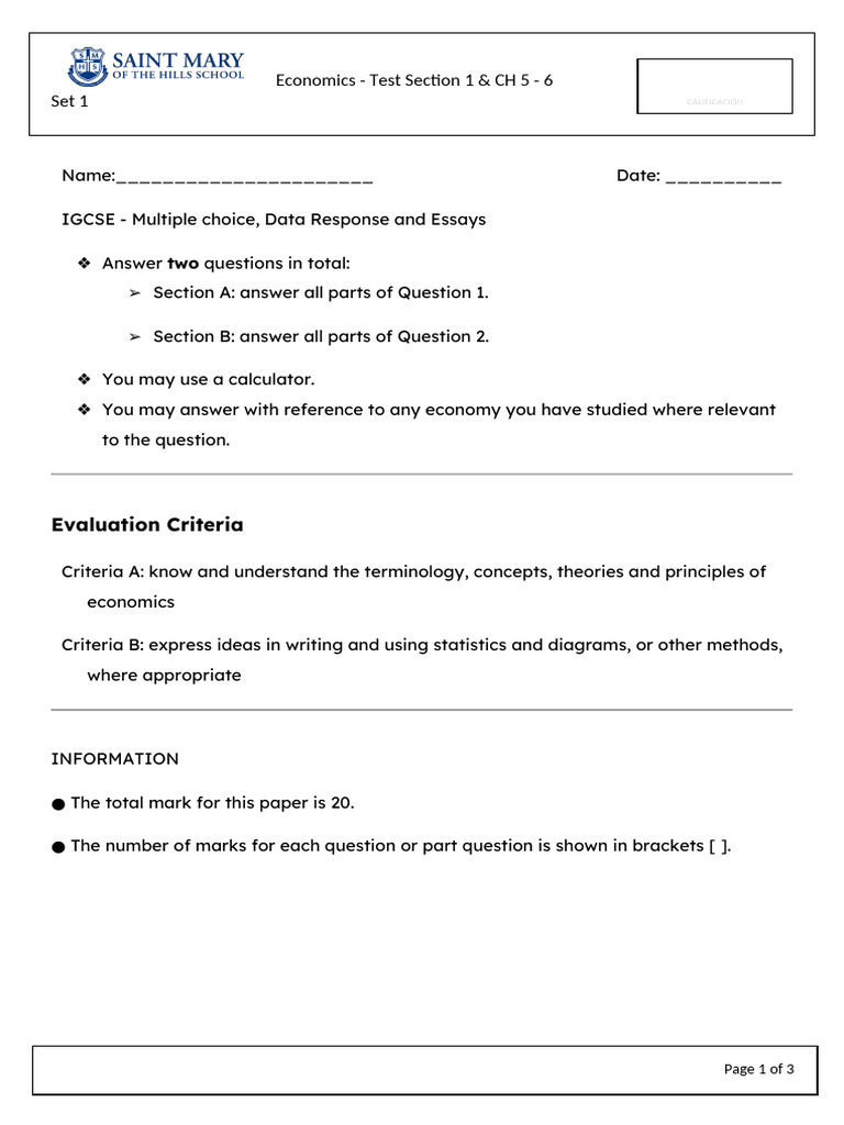 Economics - Test Section 1 & CH 5 - 6 (Set 1) | PDF