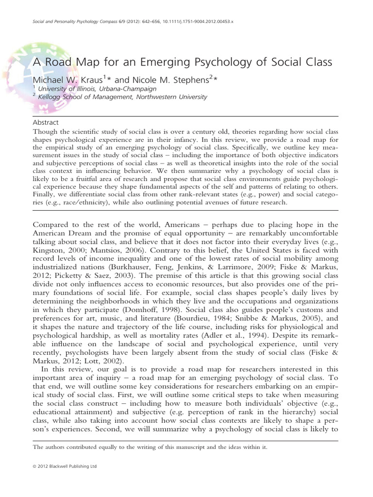 A Road Map for an Emerging Psychology of Social Class | PDF