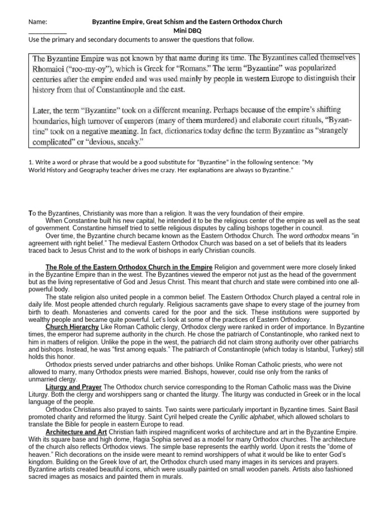 Byzantine-Empire-and-the-Eastern-Orthodox-Church-Mini-DBQ.V2 | PDF