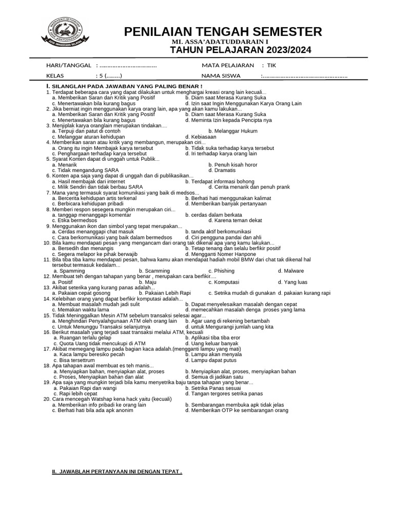 Soal Tik KLS 5, 2024 | PDF