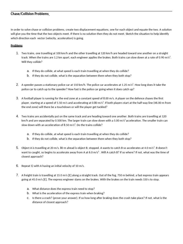 Unit 2 Chase and Collision Problems Worksheet | PDF