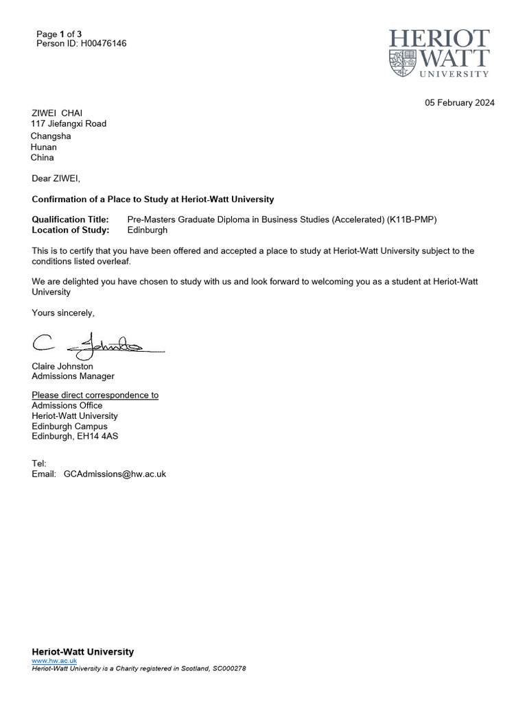 HWUK Conditional Acceptance | PDF