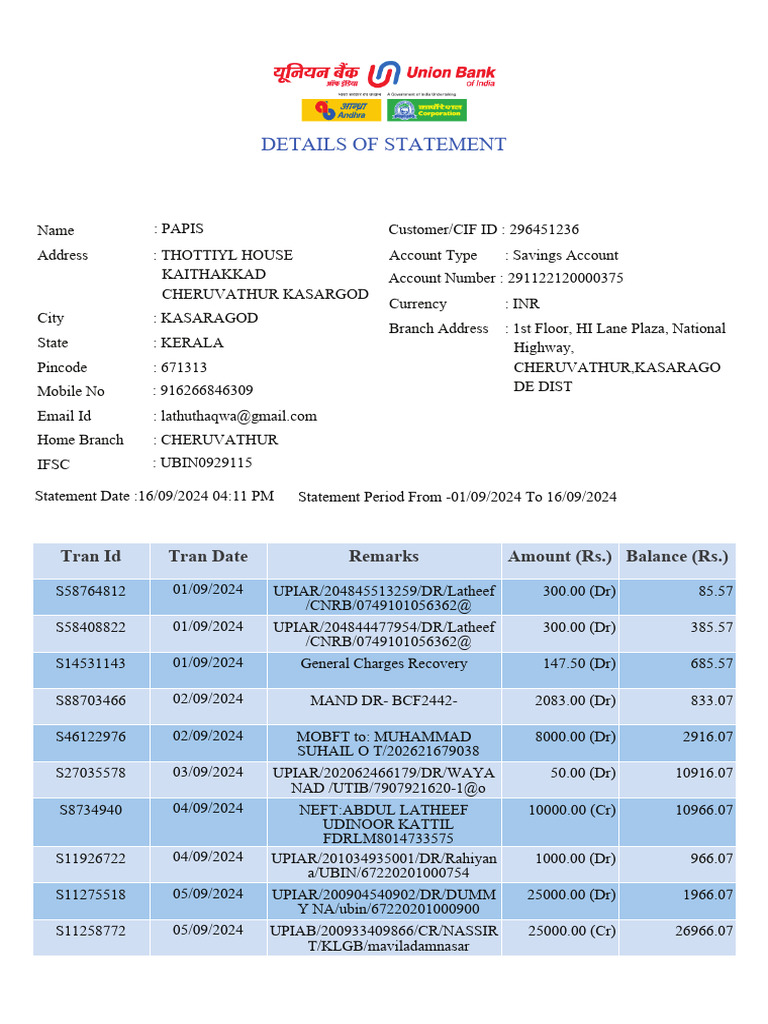 Union Bank Statement 16092024. | PDF