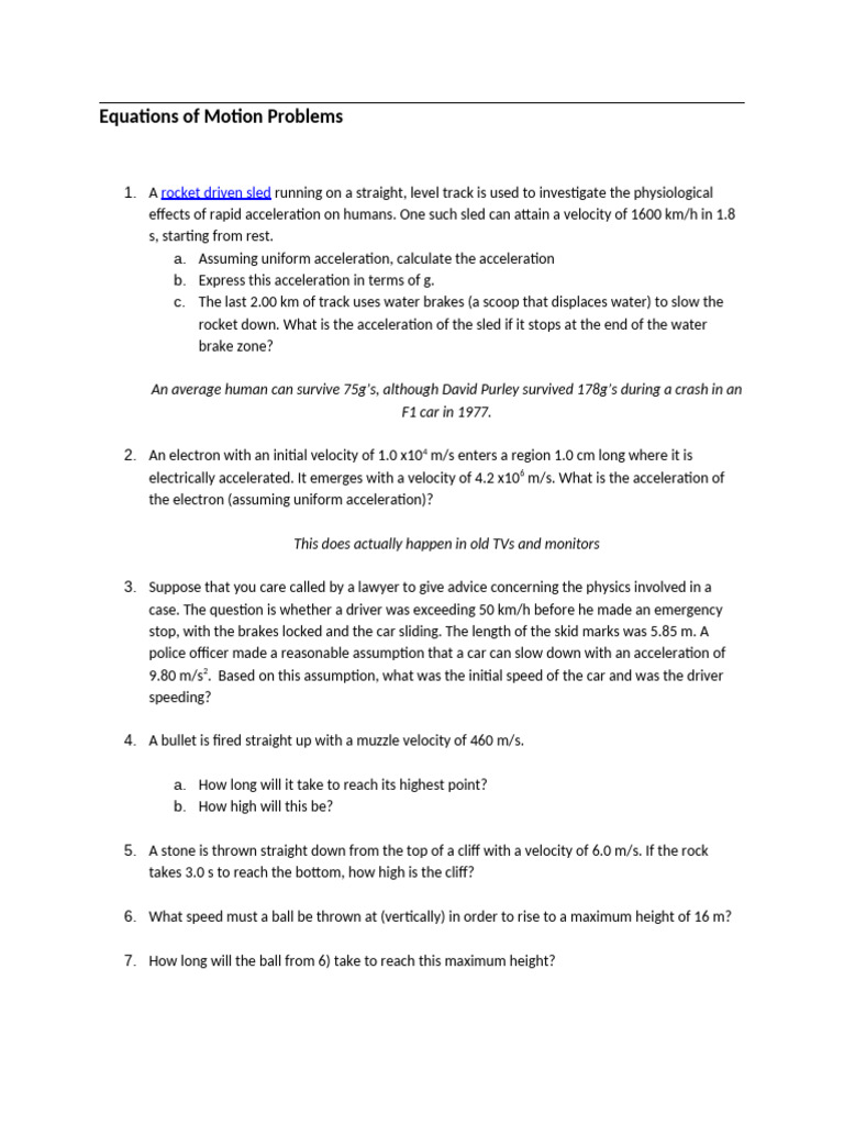 Unit 2 - Equations of Motion Problems Worksheet | PDF | Acceleration ...