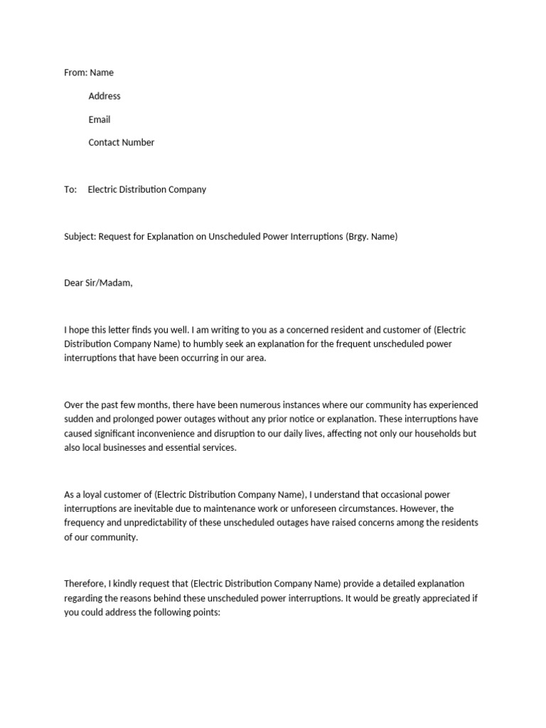 Sample Request Letter of Explanation Regarding Power Interuption | PDF