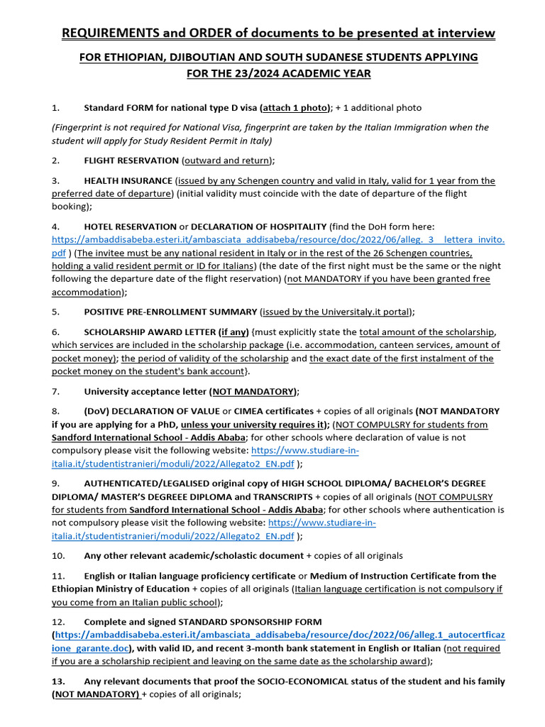 Requirements and Order of Documents To Be Presented at Interview | PDF