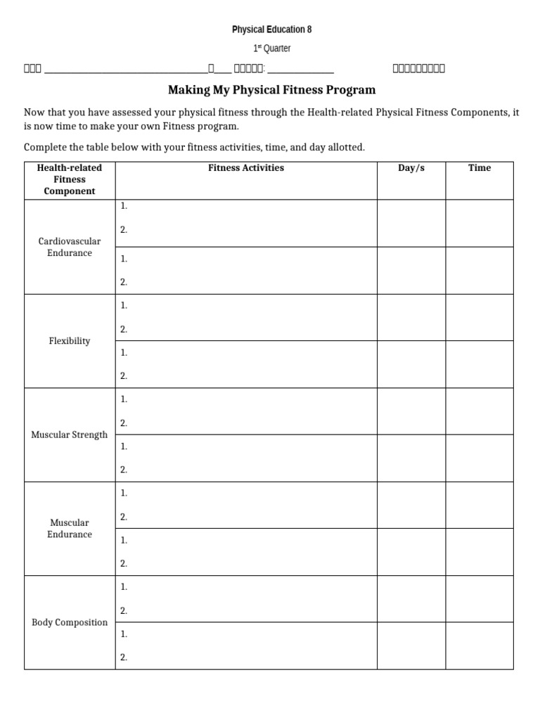Exercise Program - Worksheet For GC | PDF