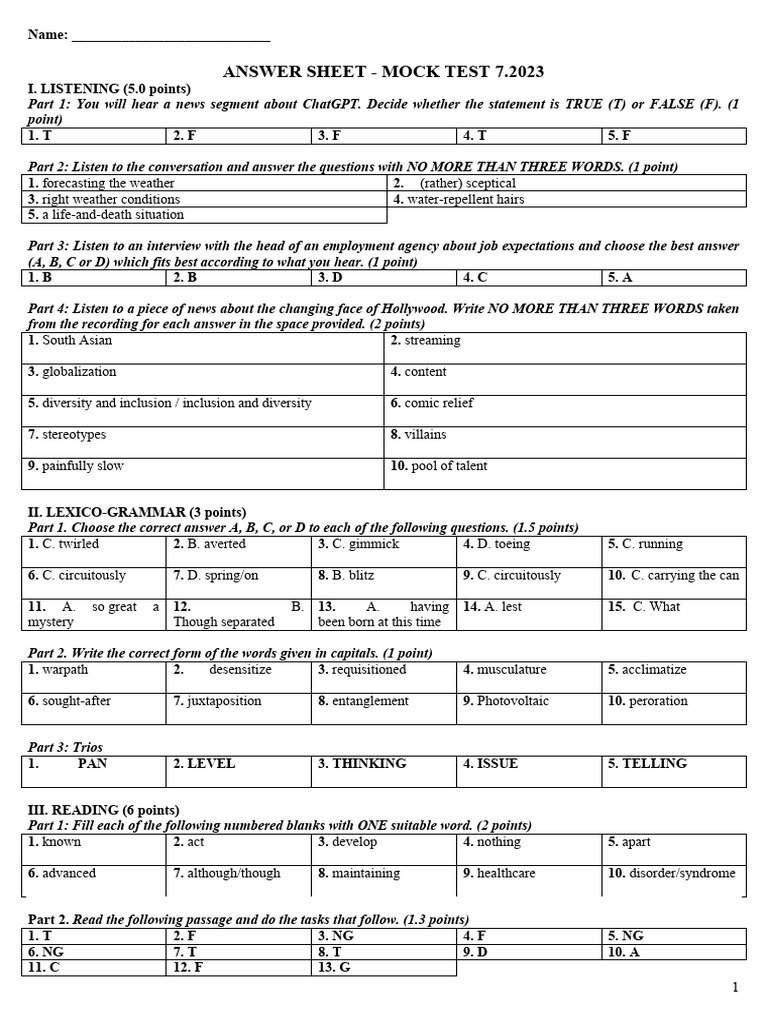 Answer Sheet Key Mock Test 7 | PDF