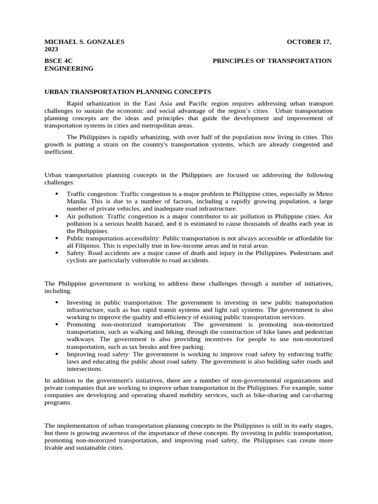 Urban Transportation Planning Concepts | PDF