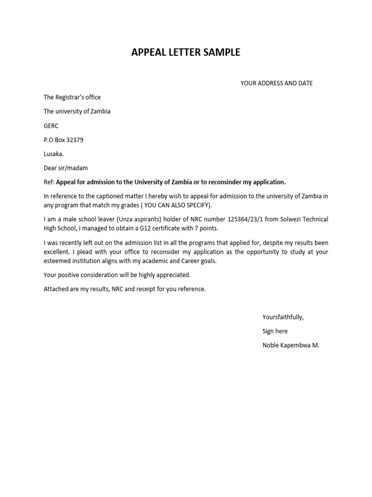 Appeal Letter Sample by Noble Kaps | PDF