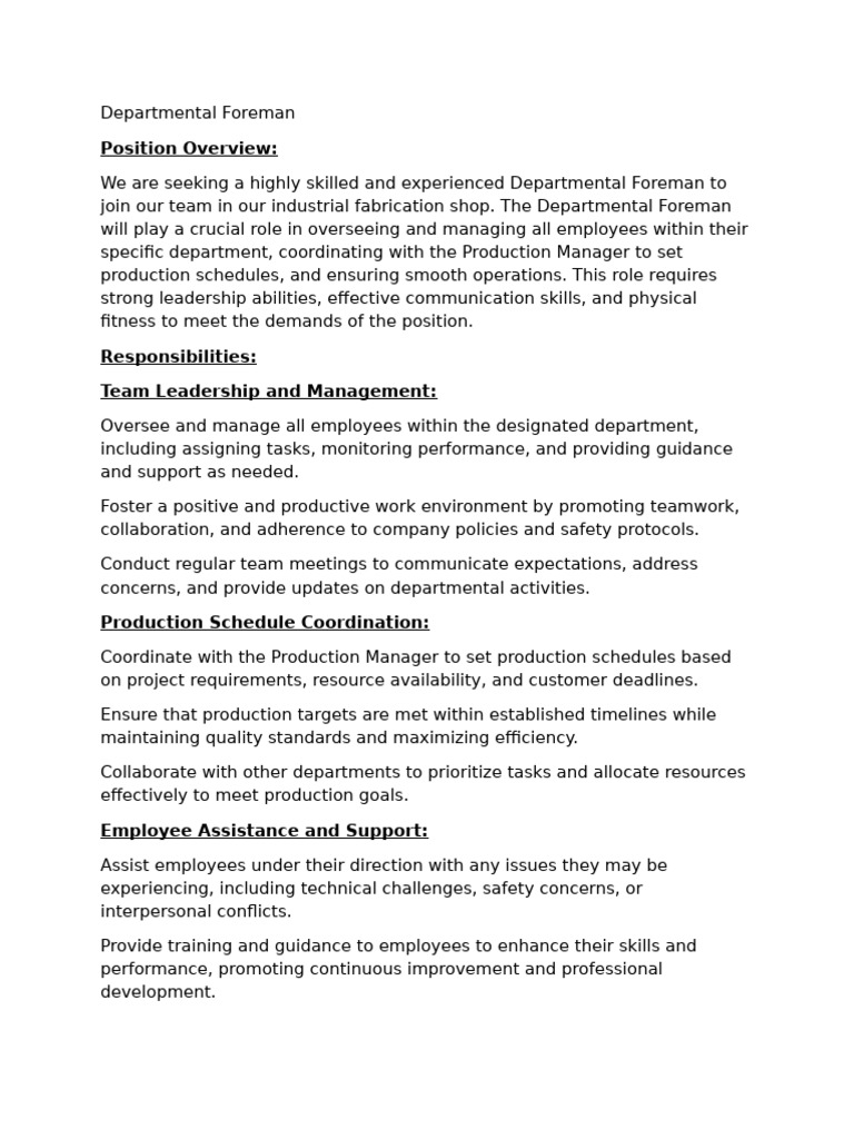 Departmental Foreman Job Description | PDF