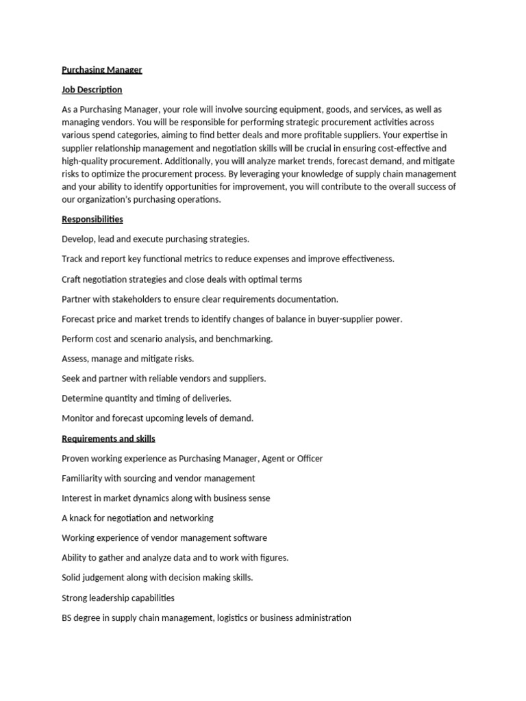 Purchasing Manager Job Description 2.0 | PDF