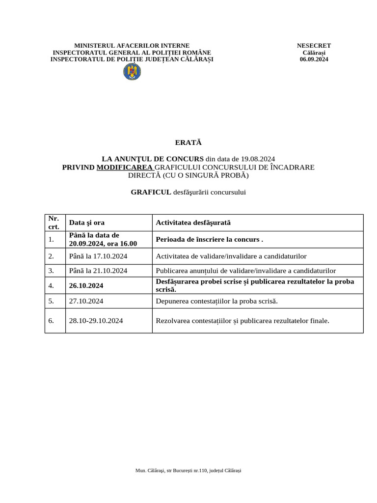 Erată Modificare Grafic Concurs o Proba 8 | PDF