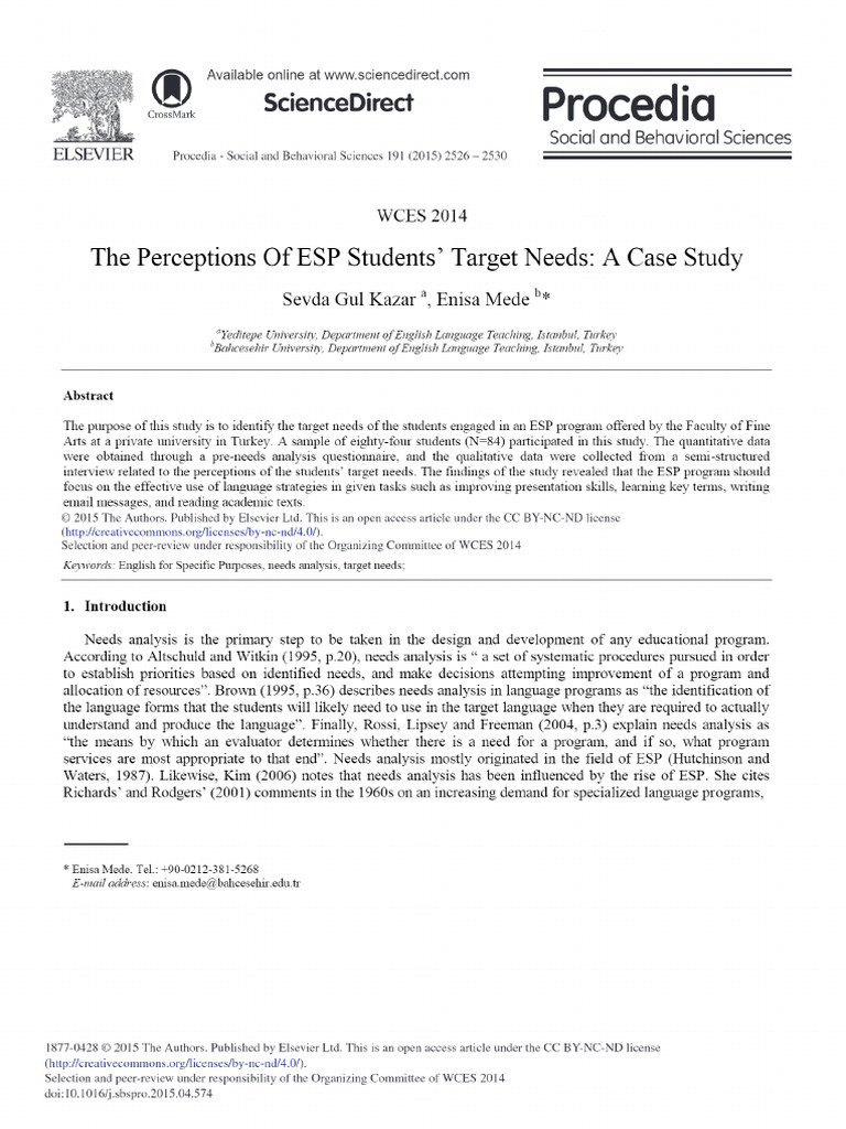 The Perceptions of ESP Students' Target Needs - A Case Study - Elsevier ...