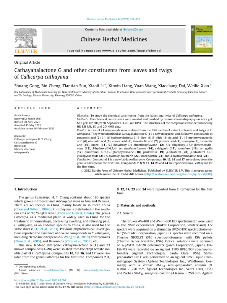 Cathayanalactone G and Other Constituents From Leaves and Twigs of ...