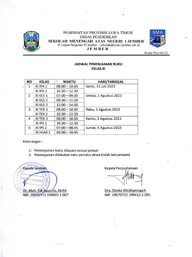 Jadwal Peminjaman Buku Kelas XI Dan Kelas X | PDF