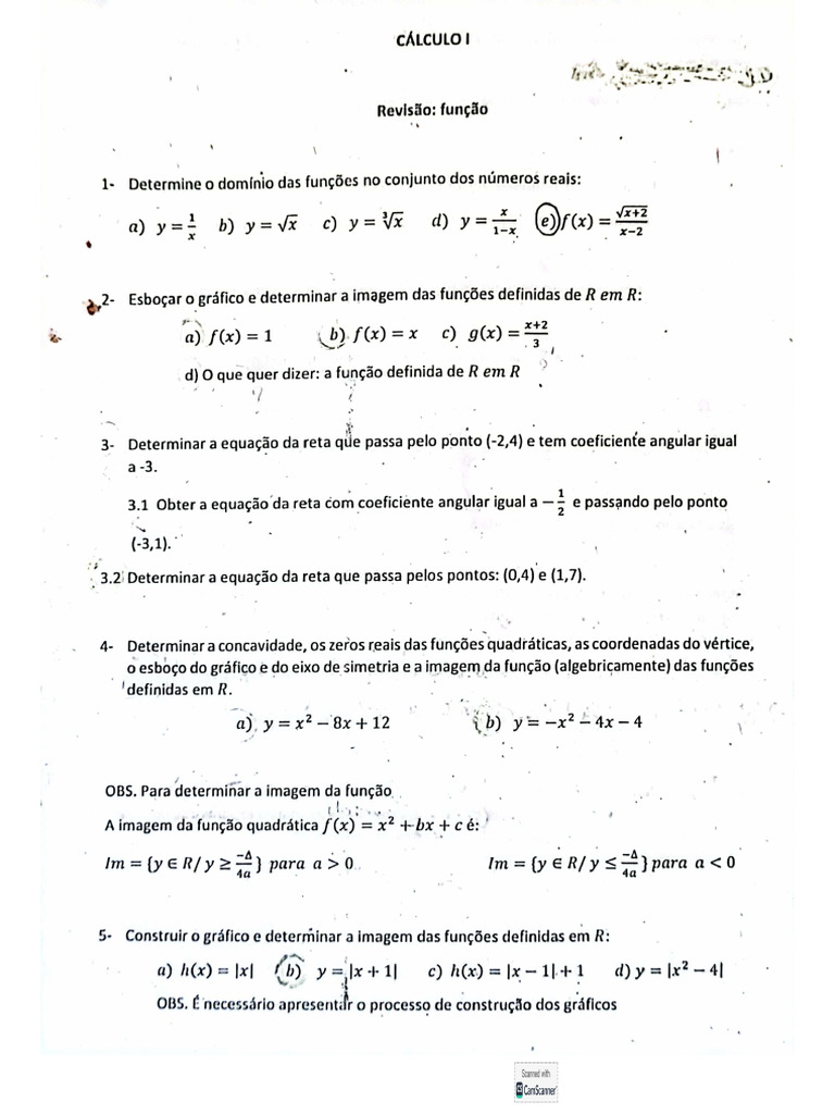 Primeira Lista de Exercícios de Cálculo I | PDF