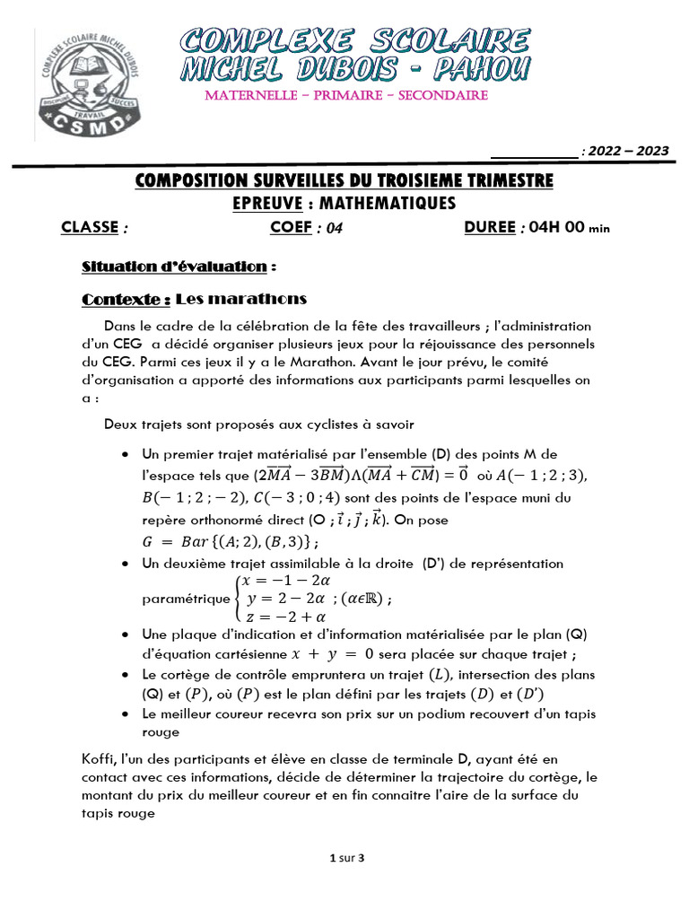 COMPO3TRI MATHS Tle D 2023CSMD | PDF