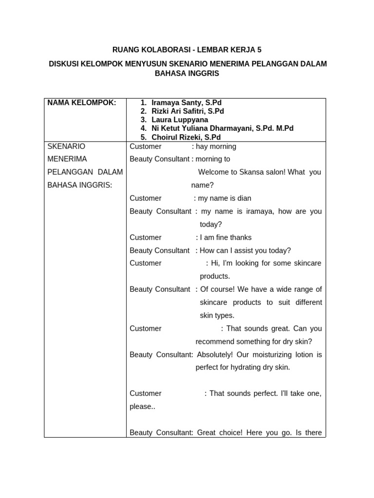 LK 5-Ruang Kolaborasi-Menyusun Skenaria Menerima Pelanggan Dalam Bahasa Inggris | PDF