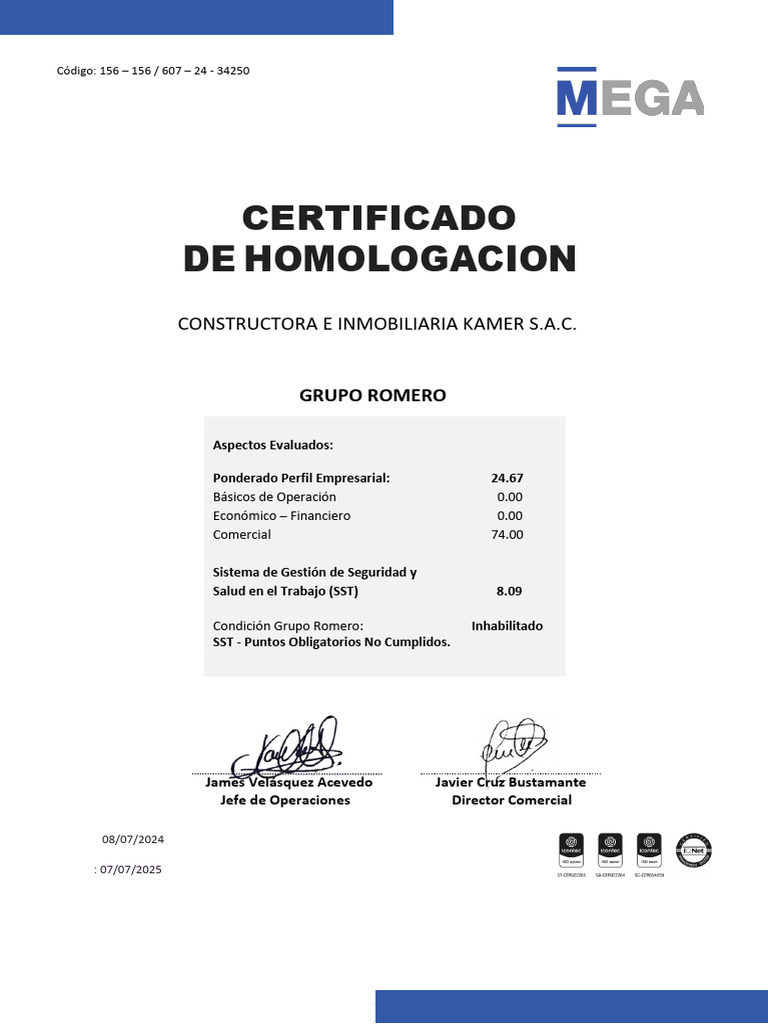 Certificado Constructora e Inmobiliaria Kamer SAC - ROMERO SST | PDF