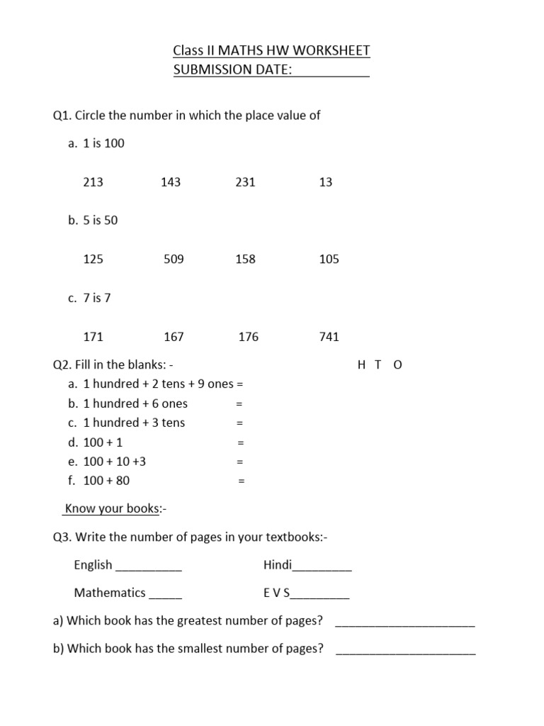 CBSE Class 2 Maths Practice Worksheets (108) - Numbers | PDF