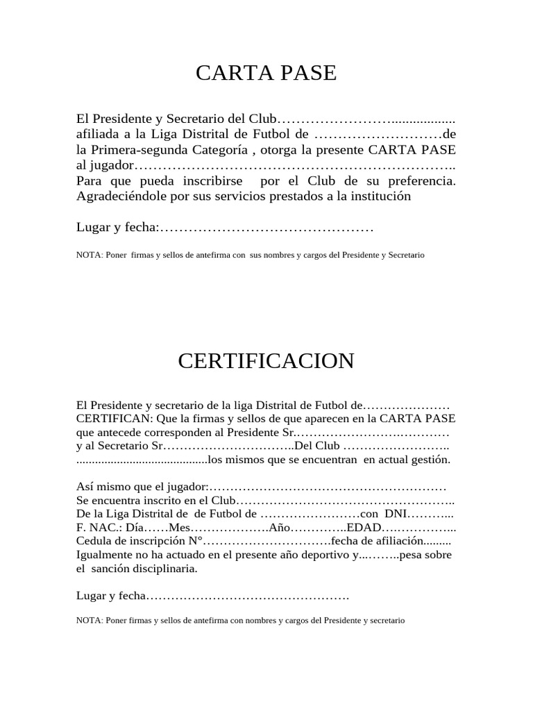 Modelo de Carta Pase Del Club y Su Certificacion | PDF