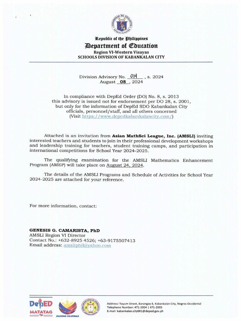 Division Advisory No. 014 S. 2024 Amsli Mathematics Enhancement Program ...
