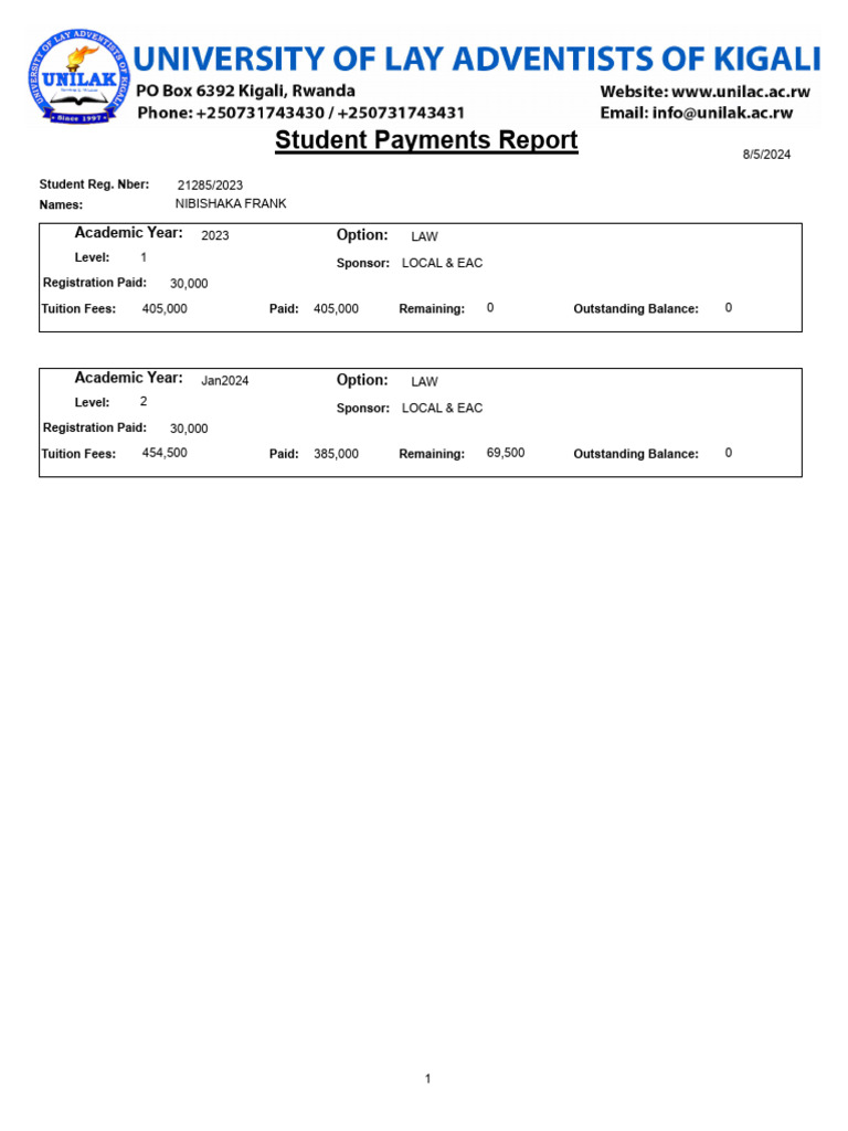 Student Payments Report: Academic Year: Option | PDF