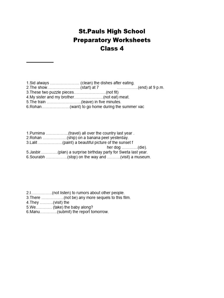 Class 4 Preparatory Worksheets | PDF