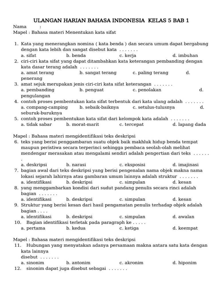 Ulangan Harian Bahasa Indonesia Kelas 5 Bab 1 | PDF