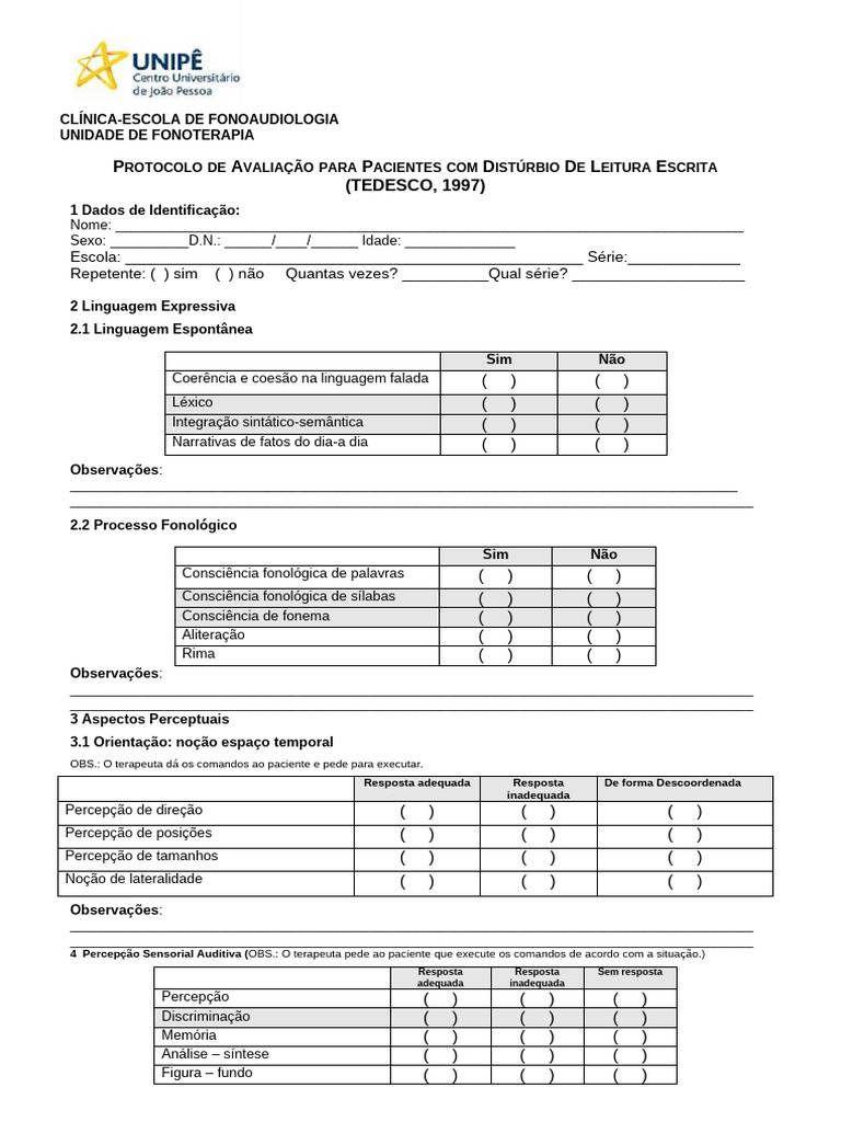 Protocolo de Distúrbio de Leitura e Escrita Todesco | PDF