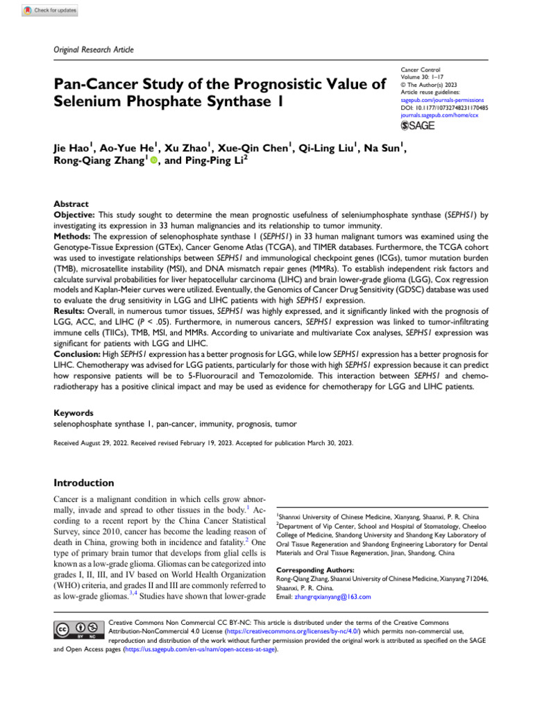 Hao Et Al 2023 Pan Cancer Study of The Prognosistic Value of Selenium ...