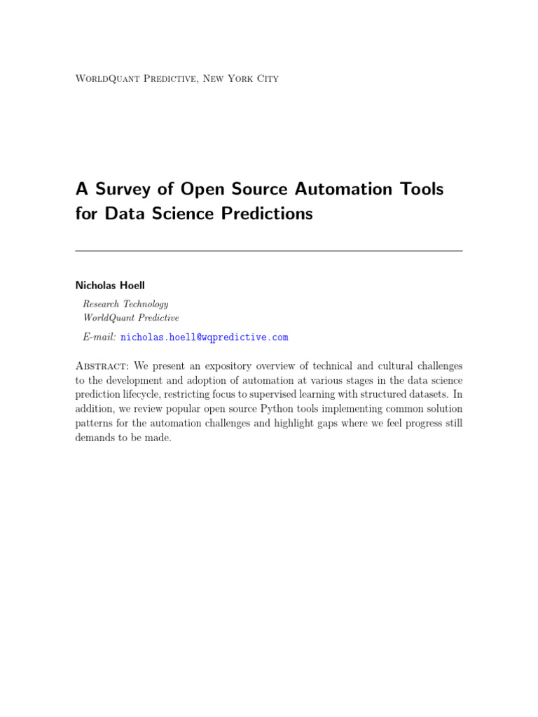 A Survey of Open Source Automation Tools For Data Science Predictions | PDF