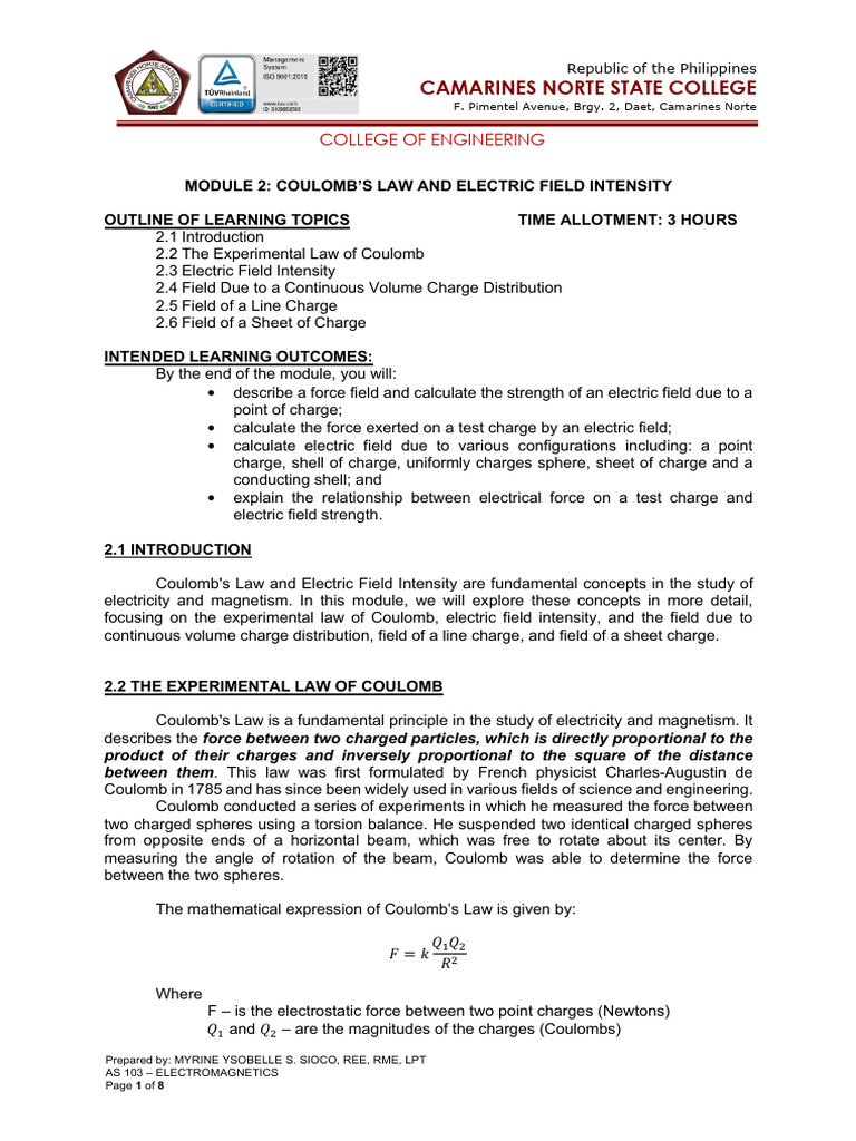 Module 2 Coulombs Law and Electric Field Intensity | PDF