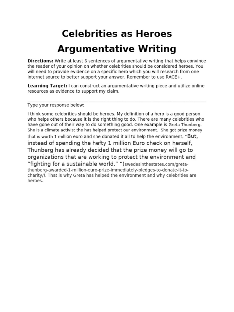 Zachary Morraye - Celebrities As Heroes Argumentative Writing - 1466479 ...